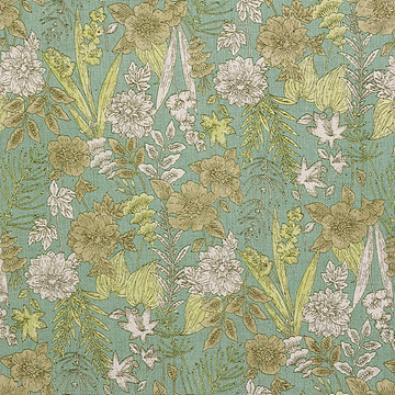 엔조이퀼트 [코스모] 플라워 25908 린넨 시팅 프린트원단 - 그린